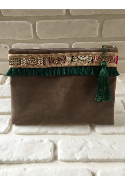 Yeşil Püsküllü Hint El Işi Deve Tüyü Rengi Süet Tasarım Portföy & Clutch Çanta