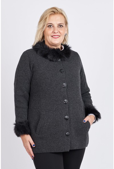 Desen Triko Kadın Tüy Detaylı Yün Kaban 0249099 Füme