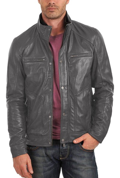 Laverapelle Erkek Gri Deri Ceket (1501063) T-shirt ile