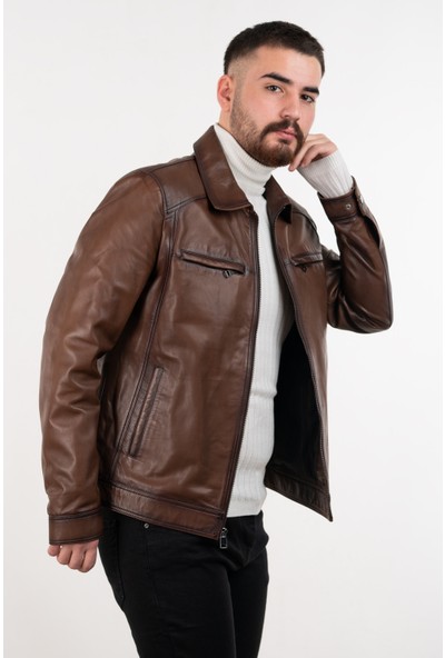 Deri Effect Kahverengi Erkek Spor Deri Ceket Deri Effect Kahverengi Erkek Spor Deri Ceket