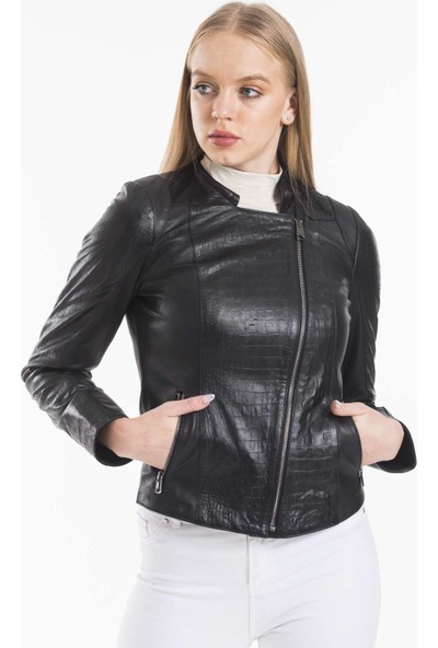 Deri Effect Kadın Kroko Baskı Siyah Deri Ceket