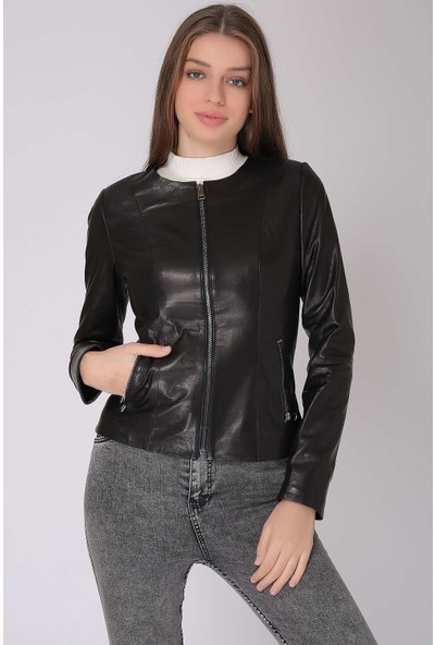 Deri Effect Siyah Kadın Deri Ceket