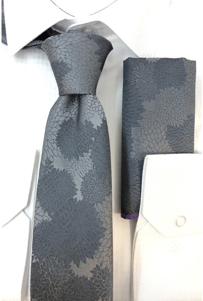 Quesste Gri Desenli Ince Kravat Mendil Set