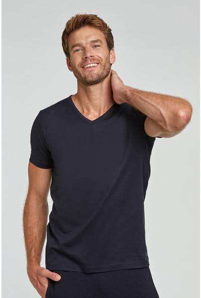 Hemington V Yaka Lacivert Basic T-Shirt