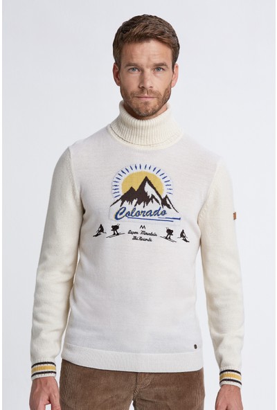 Hemington Desenli Boğazlı Beyaz Kaşmir Yün Karışımlı Kazak