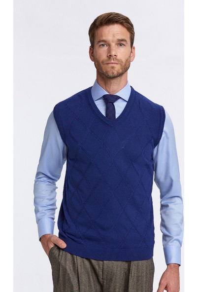 Hemington Desenli Lambswool Yün Saks Mavisi Süveter