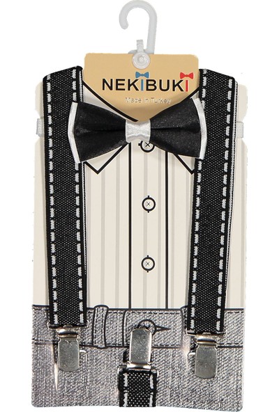 Neki̇buki Siyah Zemin Beyaz Dikiş Desenli 1-9 Yaş Pantolon Askı Papyon Seti Neki̇buki Siyah Zemin Beyaz Dikiş Desenli 1-9 Yaş Pantolon Askı Papyon Seti