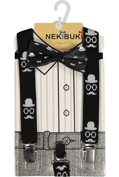 Neki̇buki Siyah Zemin Şapka Gözlük Figürlü 1-9 Yaş Pantolon Askı Papyon Seti