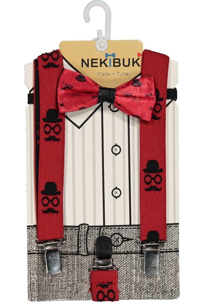 Neki̇buki Kırmızı Zemin Şapka Gözlük Figürlü 1-9 Yaş Pantolon Askı Papyon Seti