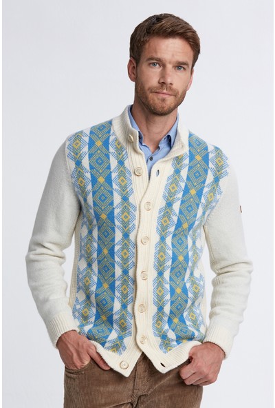 Hemington Kaşmir Yün Karışımlı Desenli Beyaz Hırka