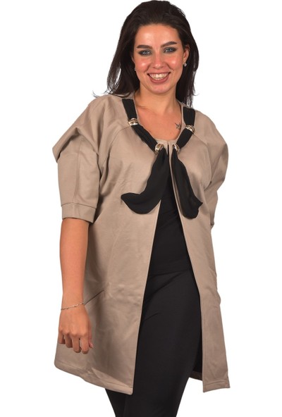 Ultimod Bej Aksesuar Detaylı Büyük Beden Kadın Hırka ULT3830