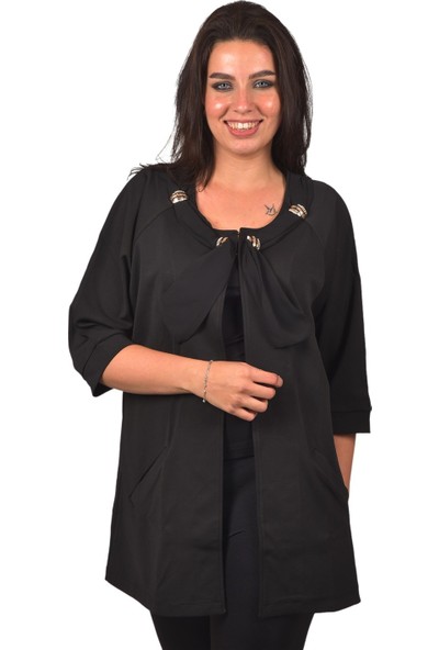 Ultimod Siyah Aksesuar Detaylı Büyük Beden Kadın Hırka ULT3830
