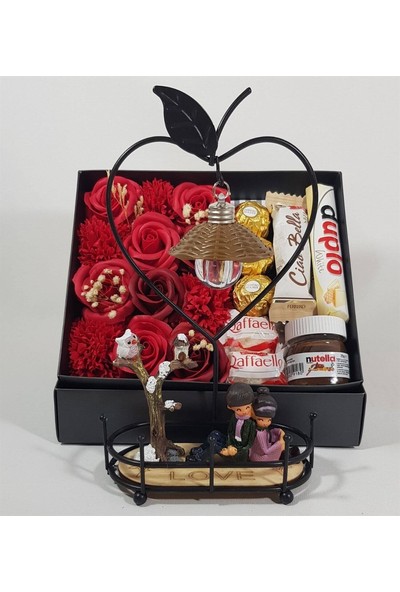 Hanbeyi Sevgiliye Gül Kutusunda Çikolata Işıklı Aşıklar Parkı Seti