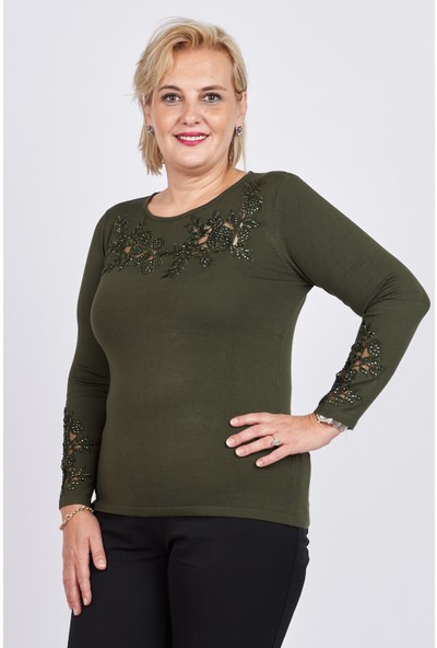 Flaş Triko Kadın Gül Nakış Detaylı Kazak 3320811 Haki