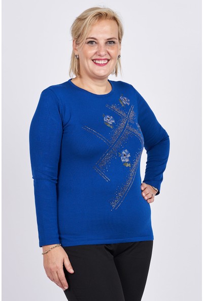 Flaş Triko Kadın Çiçek Nakışlı Taş Işlemeli Bluz 3320815 Saks