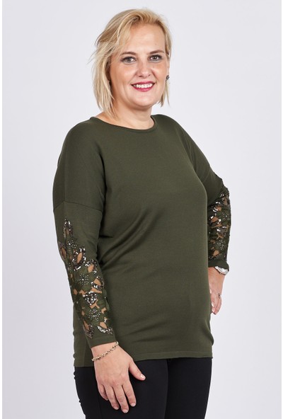 Flaş Triko Kadın Kolları Nakış Detaylı Kazak 3320816 Haki