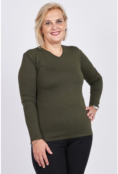 Flaş Triko Kadın V Yaka Kazak 3320817 Haki
