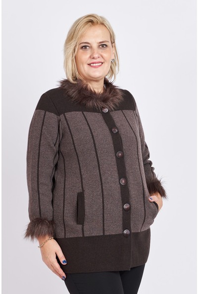 Desen Triko Kadın Tüy Detaylı Çizgili Yün Kaban 0248300 Kahverengi