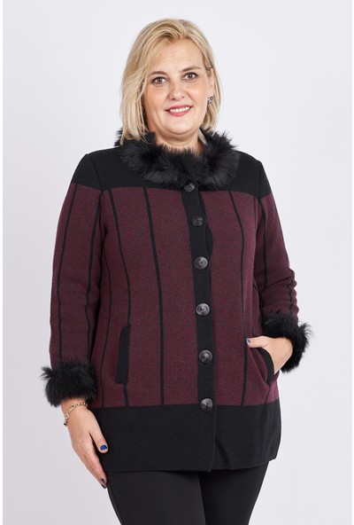 Desen Triko Kadın Tüy Detaylı Çizgili Yün Kaban 0248300 Bordo