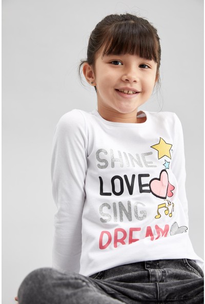 DeFacto Kız Çocuk Baskılı Işıklı Tişört S9440A620AU