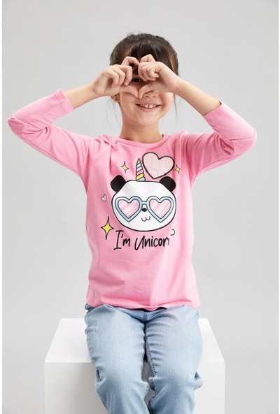 DeFacto Kız Çocuk Unicorn Baskılı Uzun Kol Işıklı Tişört T1822A620WN