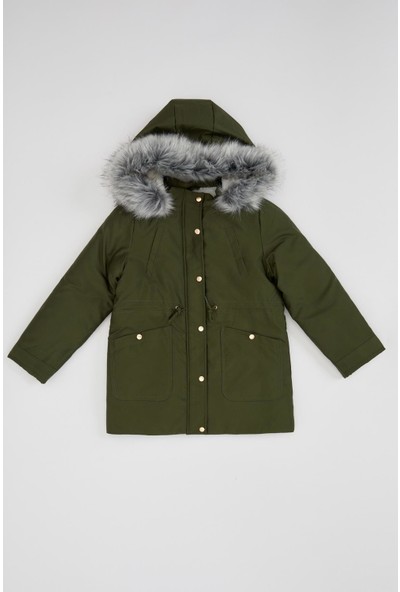 DeFacto Kız Çocuk Kapüşonlu Suni Kürklü Yarım Peluş Astarlı Uzun Parka R0106A620WN