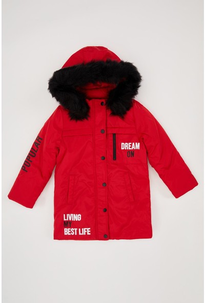 DeFacto Kız Çocuk Kapüşonlu Suni Kürklü Sırt Baskılı Parka R0108A620WN DeFacto Kız Çocuk Kapüşonlu Suni Kürklü Sırt Baskılı Parka R0108A620WN