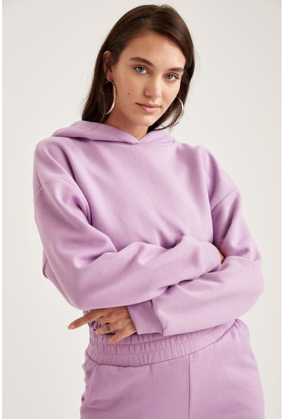 DeFacto Defacto Fitİçi Yumuşak Tüylü Kapüşonlu Beli Büzgülü Crop Sweatshirt S7260AZ20WN