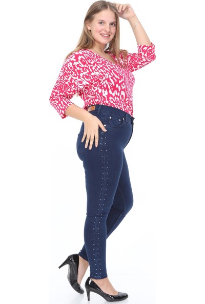 Perya Boy Incili Likralı Denim Jean Mavi Kadın Giyim