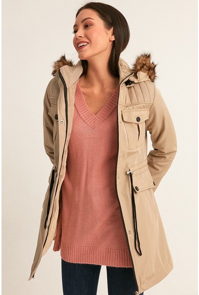 FullaModa Beli Lastikli Kapüşonlu Kadın Kaban