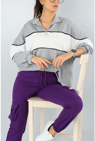 TugsatTasarTekstil Gri Yarım Fermuarlı Bayan Salaş Sweat