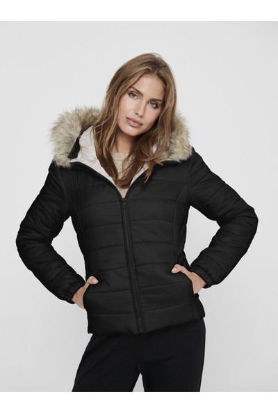 Only Kadın Mont Onldogukan Hood Fur Padded 15231669-BLK