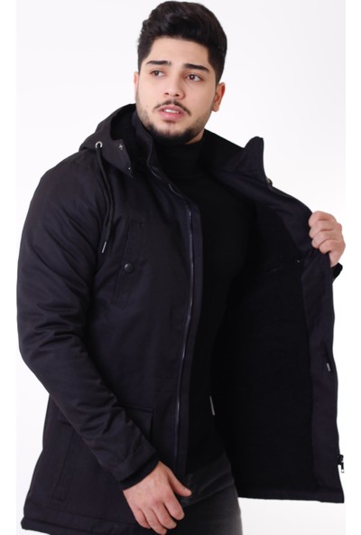 Stil Kombin Pooldeep Fermuarlı Kol İçi Kürklü Çıkma Kapşonlu Keten Mont 2895