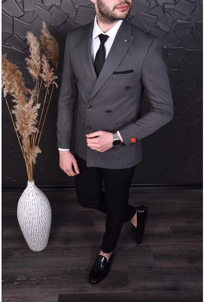 Füme Renk, Kruvaze Tek Ceket Sivri Yaka CK1027-AGUSTINI Füme Renk, Kruvaze Tek Ceket Sivri Yaka CK1027-AGUSTINI