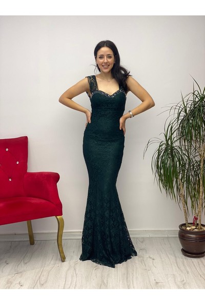 Gökmen Kotan Dantel Abiye Elbise Yeşil