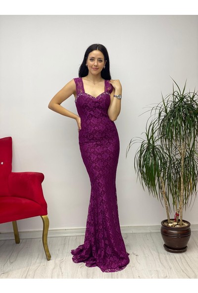 Gökmen Kotan Dantel Abiye Elbise Mürdüm