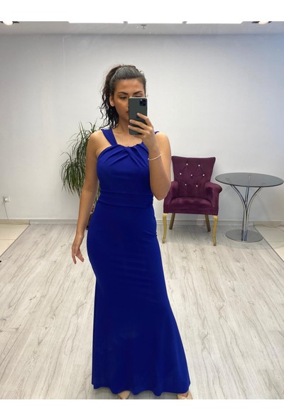 Gökmen Kotan Likralı Balık Abiye Elbise Saks Mavisi