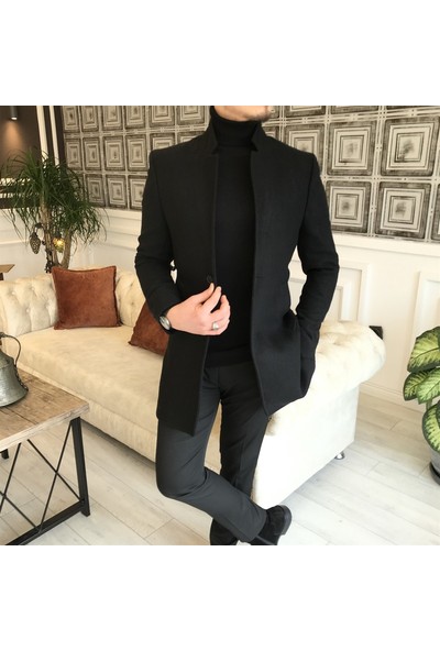 Terzi Adem Italyan Stil Slim Fit Erkek Dik Mono Yaka Yün Kaşe Kaban Siyah T5146 Terzi Adem Italyan Stil Slim Fit Erkek Dik Mono Yaka Yün Kaşe Kaban Siyah T5146