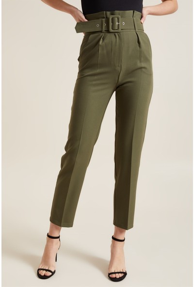 Z Giyim Kadın Haki Kemerli Yüksek Bel Kumaş Pantolon