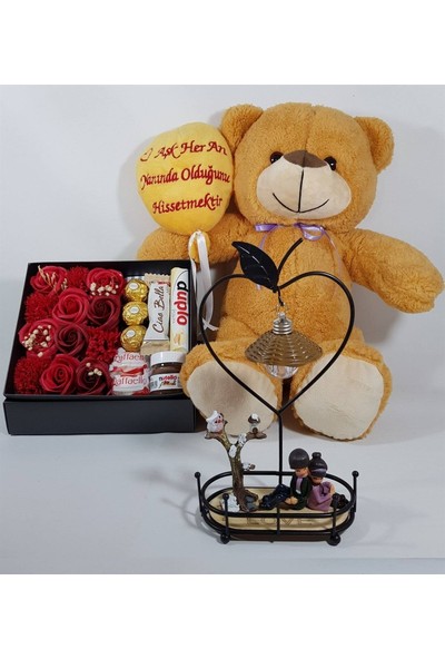 Hanbeyi Sevgiliye Hediye Gül Kutusunda Ferrero Çikolata Büyük Ayıcık Işıklı Aşıklar Parkı