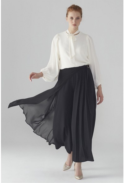 Zühre Üst Şifon Detaylı Bol Kesim Pantolon Siyah P-0099