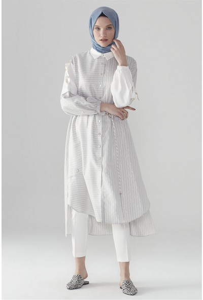Zühre Kemerli&Işleme Detaylı Tunik Gri-Ekru T-0729