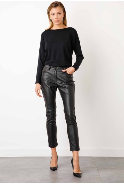Ekol Kadın Boru Paça Deri Pantolon 6051117 Siyah