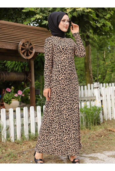 Tofisa Kadın Desenli Krep Elbise - Vizon - Tofisa Tofisa Kadın Desenli Krep Elbise - Vizon - Tofisa