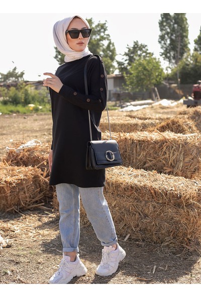 Tofisa Kadın Yarasa Kollu Sweatshirt - Siyah - Tofisa