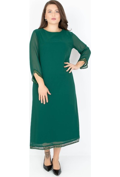 Modaviki Payet Işleme Büyük Beden Elbise Zümrüt FHM754