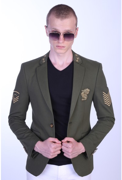 Ceketch Erkek Yeşil Armalı Spor Likralı Penye Mevsimlik Ceket