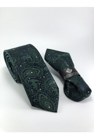 Pierroni Yeşil Şal Desen Mendilli Kravat