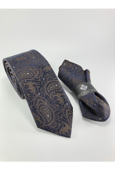 Pierroni Kahve Şal Desen Mendilli Kravat