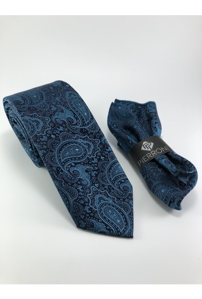 Pierroni Turkuaz Mavi Şal Desen Mendilli Kravat